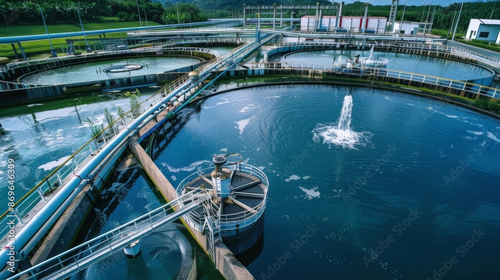 High-angle photo of a water treatment plant, clarifiers and aeration ...