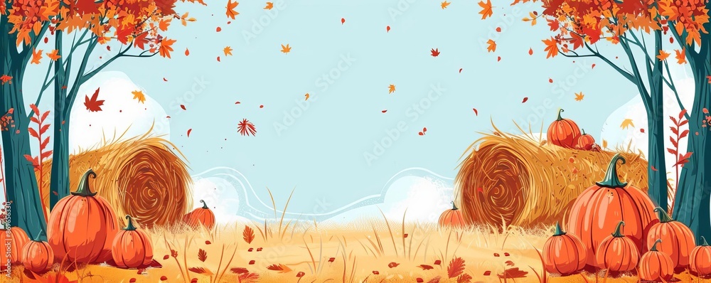 Autumn harvest scene with pumpkins, hay bales, and falling leaves under ...