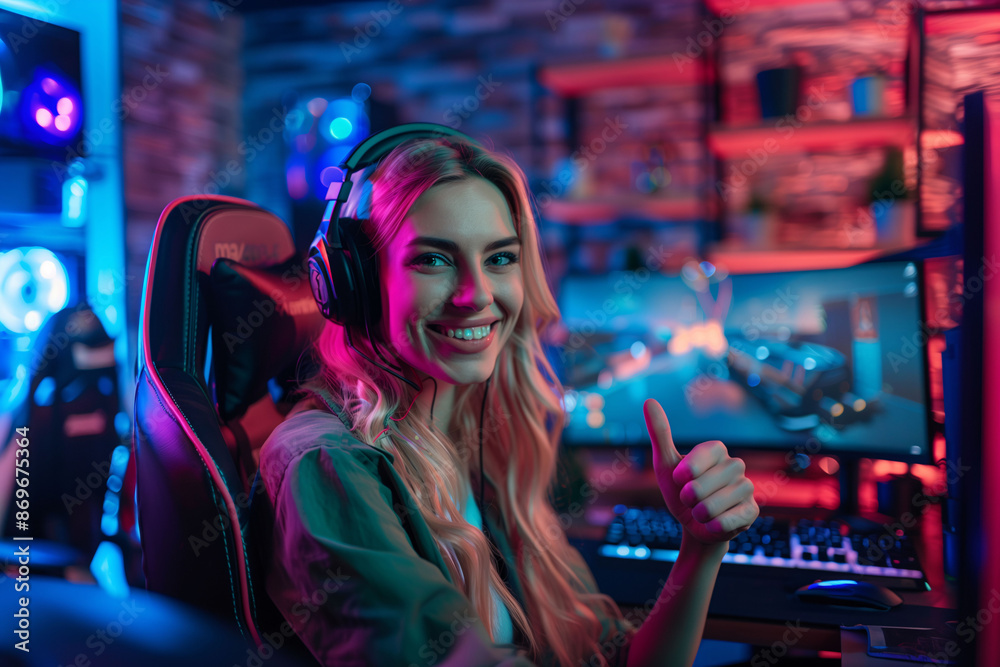 A YouTuber, streamer, or gamer at her recording or gaming desk smiling at the camera. Concept of ...
