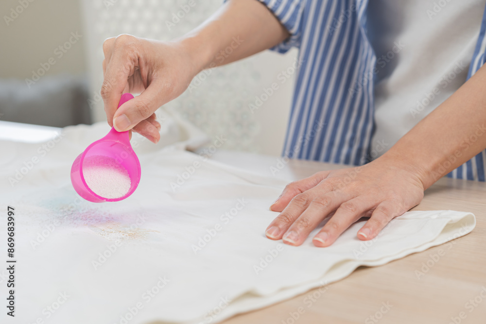 Dirty stain concept, asian young housewife woman removing spill from ...