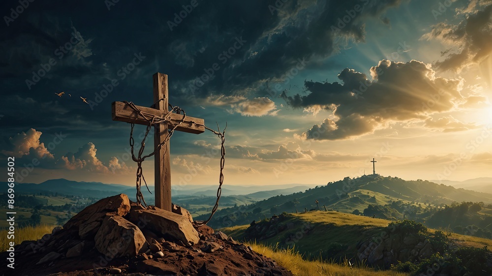 cross of_jesus christ break barrier wire on calvary Stock Illustration ...