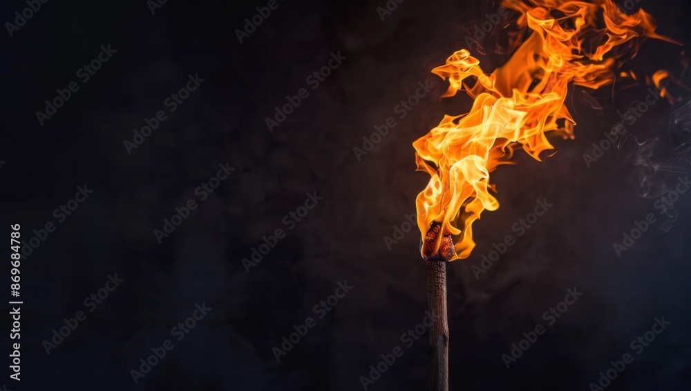 Flaming torch on black background. Image of burning wooden stick with ...