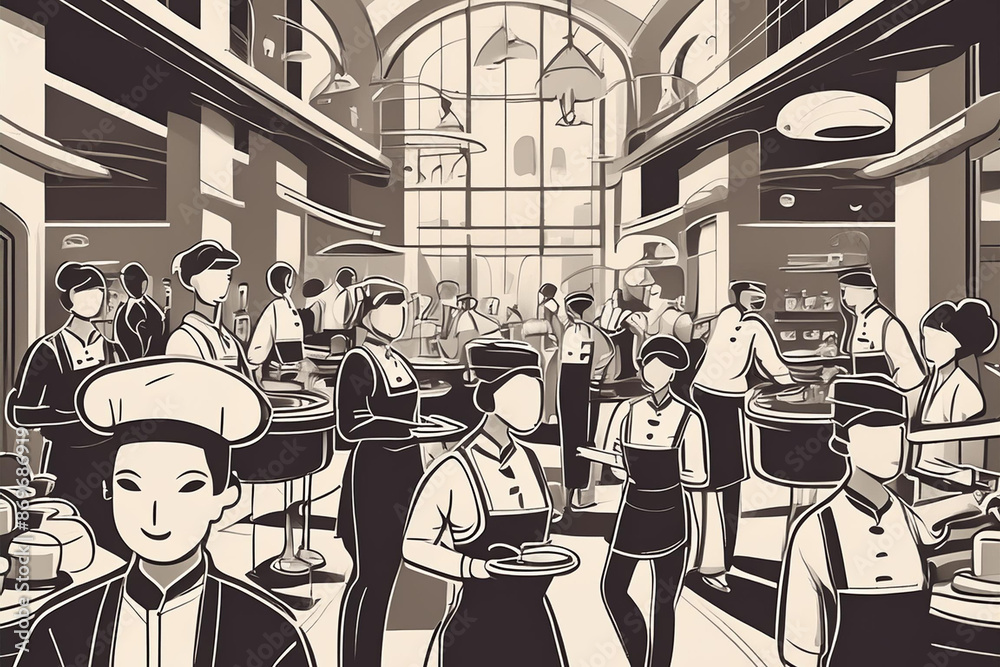 group of people in restaurant, Abstract illustration of many people at ...