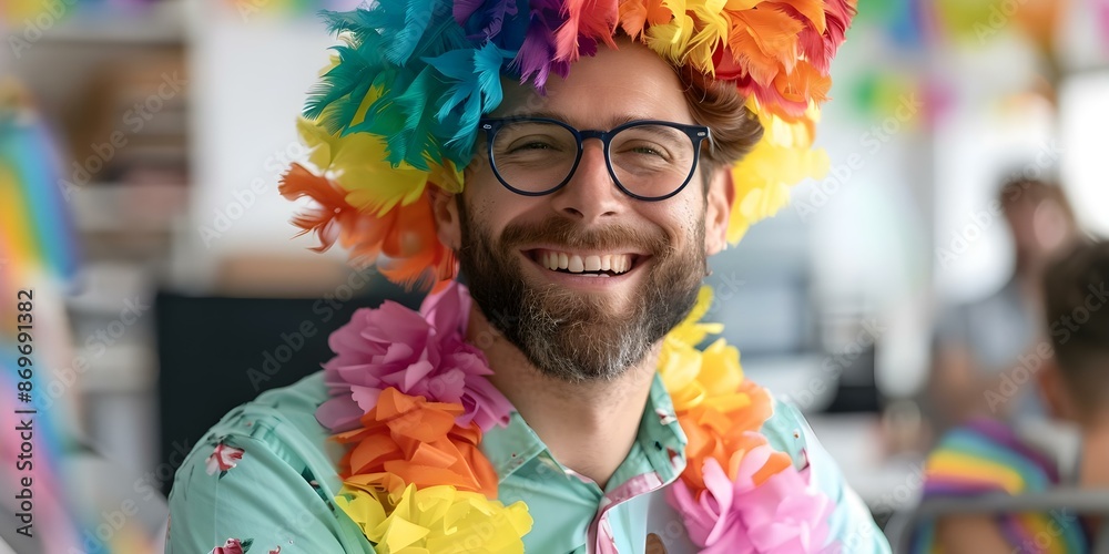 Tech office decorated for Pride Month employee in themed attire working ...