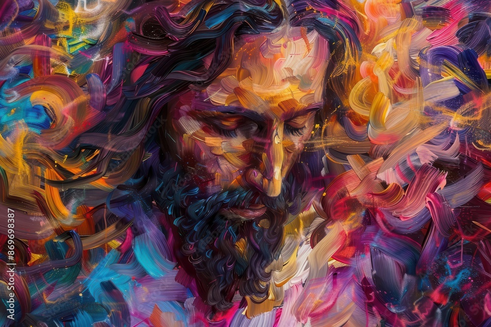 abstract portrait of jesus christ rendered in vibrant swirling ...