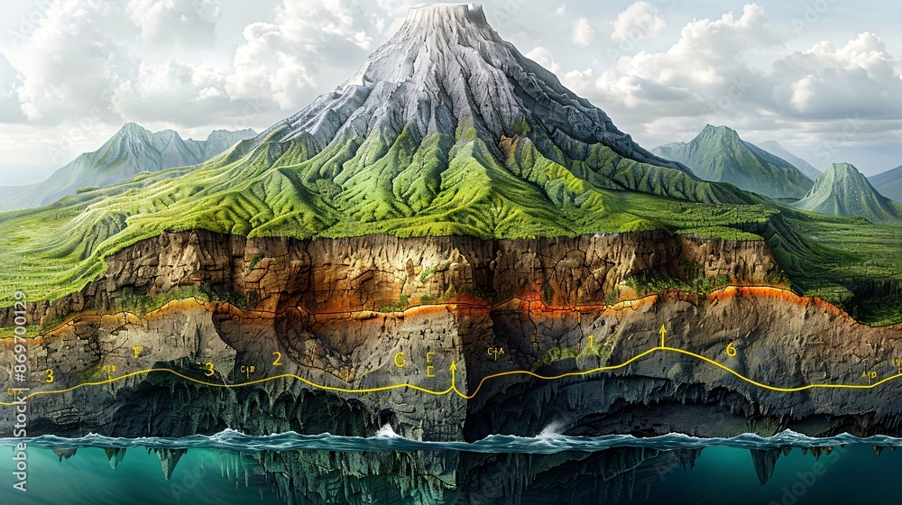 Artistic Cross-Section of a Volcanic Island with Lush Green Mountain ...