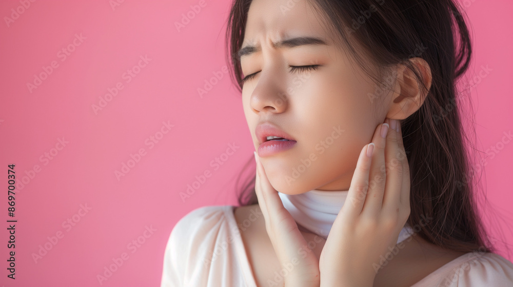 Sickness in inflaming asian young woman, girl use hand check self touch ...