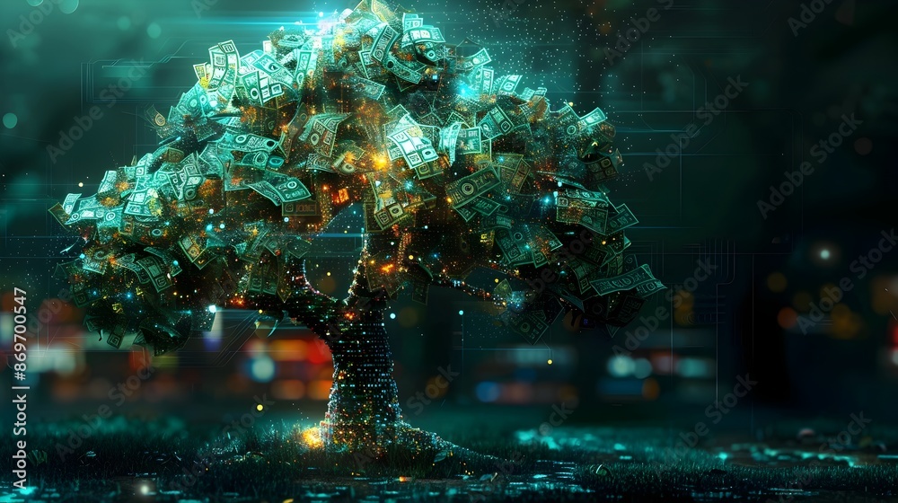Towering Money Tree with Luminous Foliage of Shimmering Cash in ...