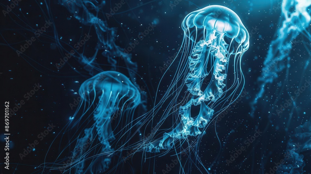 ethereal bioluminescent jellyfish floating in dark abyssal waters ...