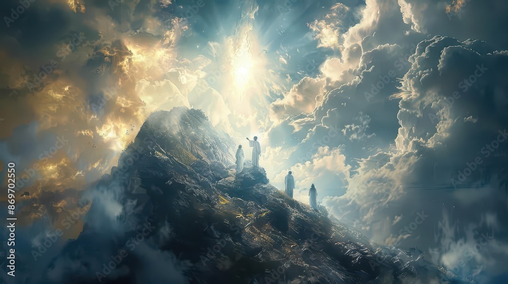 ethereal scene of jesus transfigured atop a mountain radiating intense ...