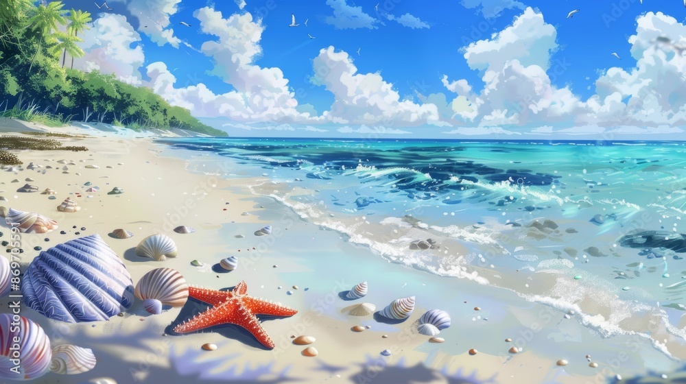 Beautiful beach scene with clear blue water, white sand and various ...