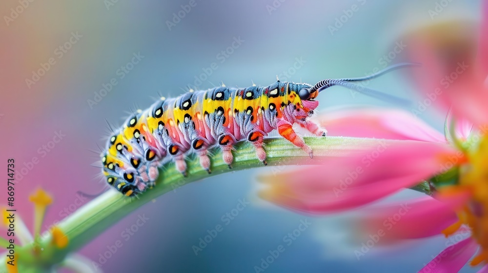 macro metamorphosis vibrant caterpillar inches along delicate flower ...
