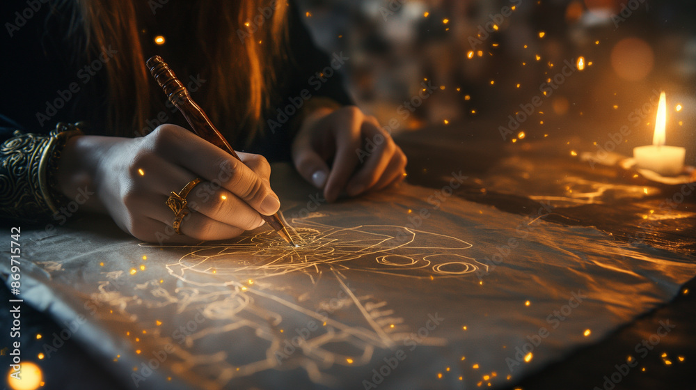 Person drawing a magical sigil on parchment, focused expression and ...