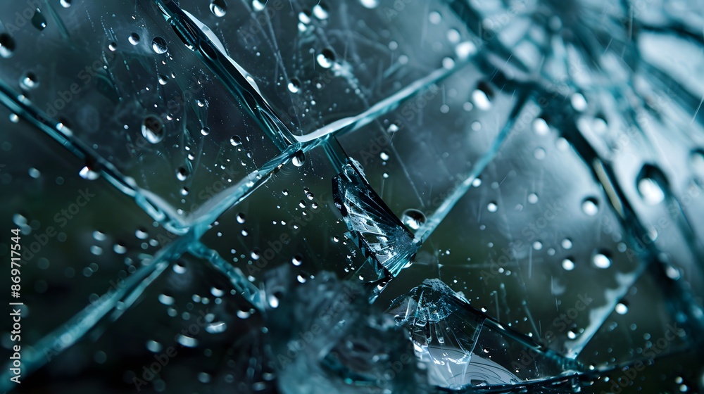 Shattered Window with Rain: A close-up of a shattered window with ...