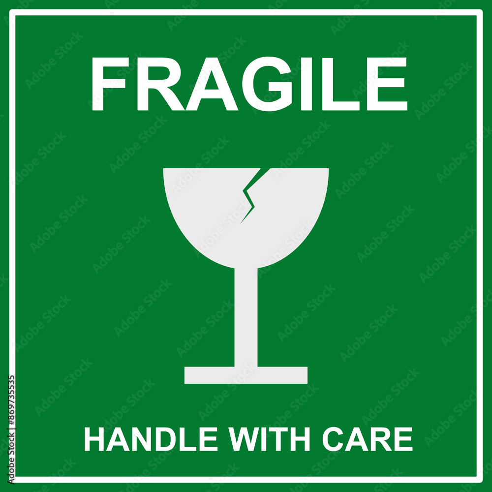sticker fragile handle with care, green fragile warning label, fragile label with broken glass ...