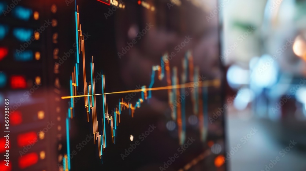 Stock market chart display. A stock market chart displayed on a computer screen with a blurred ...