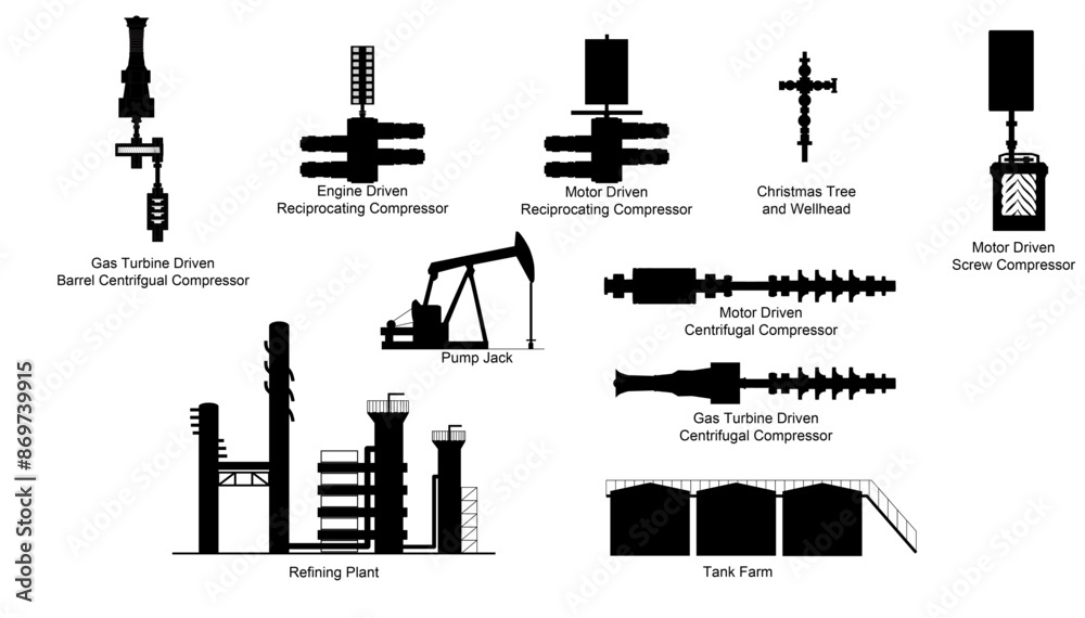 Silhouette line drawings showing petroleum industry and oil field ...