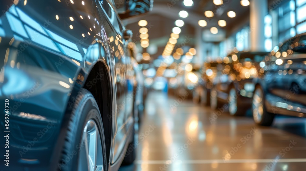 Car dealership showroom with new cars. A row of shiny new cars are ...