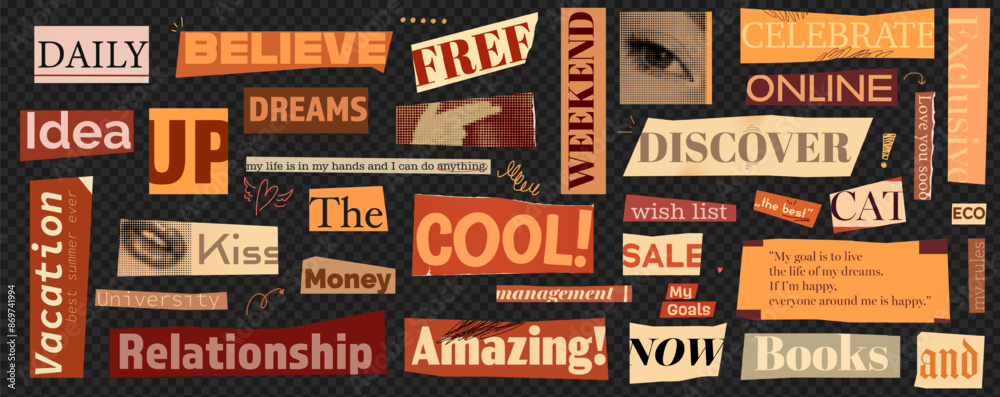 Collage elements kit. Cutout magazine text. Ransom letter for note ...