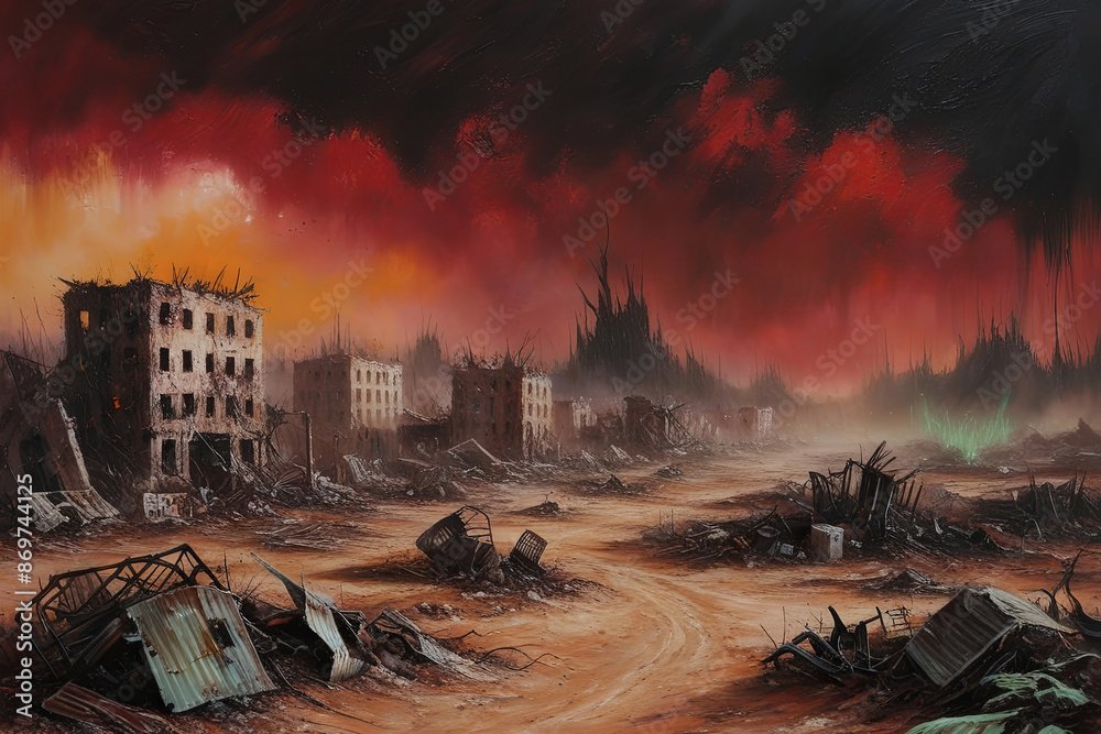 Ravaged world with crumbling buildings, fiery sky, and luminescent ...
