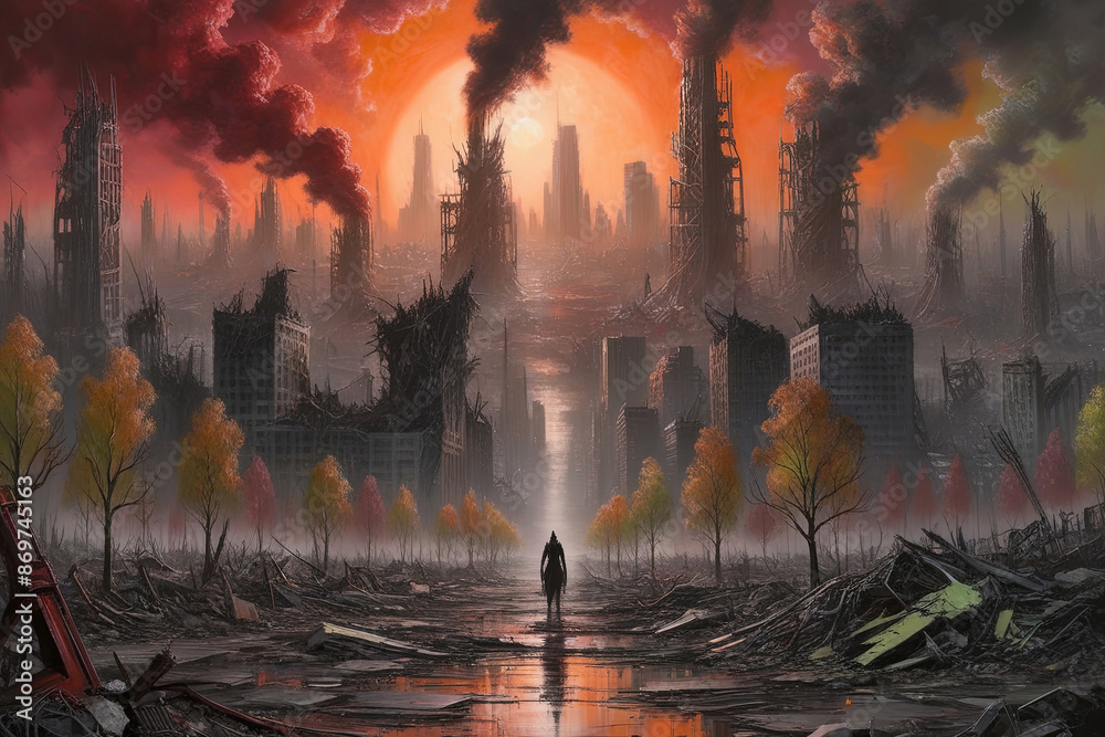Ravaged world with crumbling buildings, fiery sky, and luminescent ...