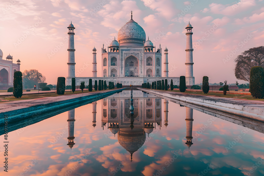 A high-resolution image of the iconic Taj Mahal in India at sunrise ...