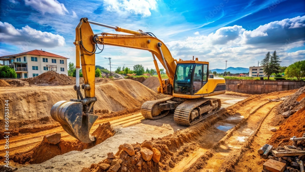 Construction site earthworks backhoe excavates ground for foundation ...