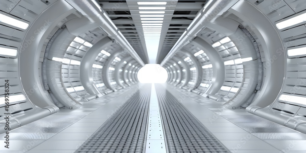 Glowing energy cores and metallic walkways in an interstellar spaceship ...