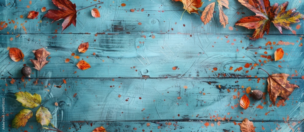Aqua blue distressed wood with autumn decor and leaves for social media ...