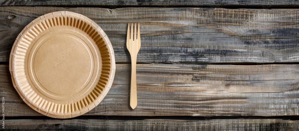 Eco-friendly paper plate and fork set displayed on a rustic wooden ...