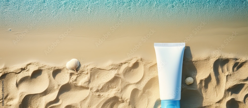 Top view of sunscreen lotion on a sandy beach background with copy ...