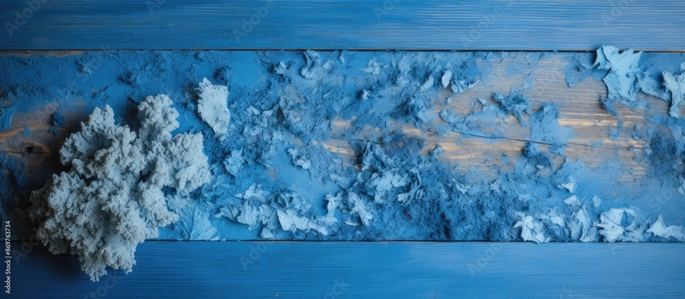 Classic blue Pantone color on a natural wood background with lichen ...