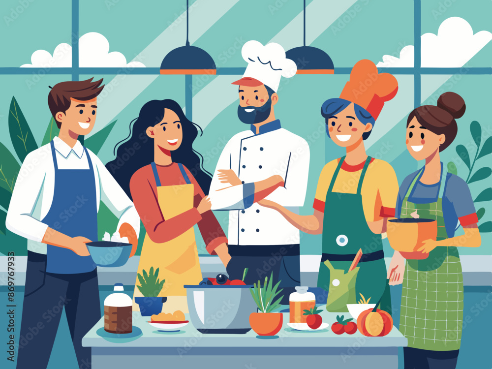Workers participating in a team-building cooking class Stock Vector ...
