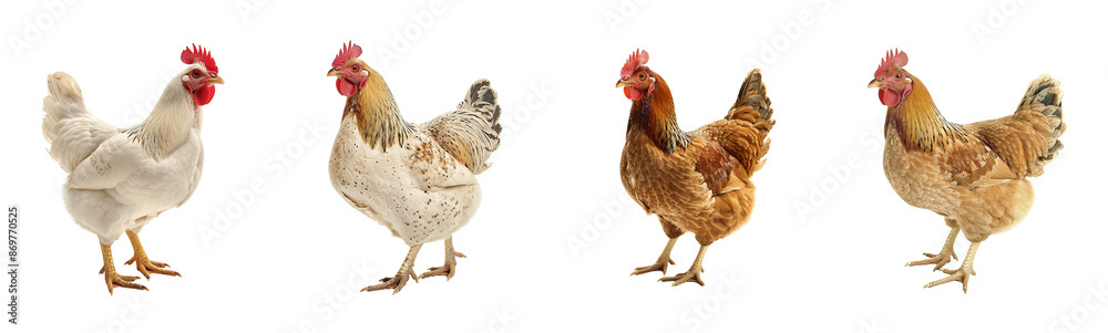 Four chickens different breeds standing side by side on transparent ...