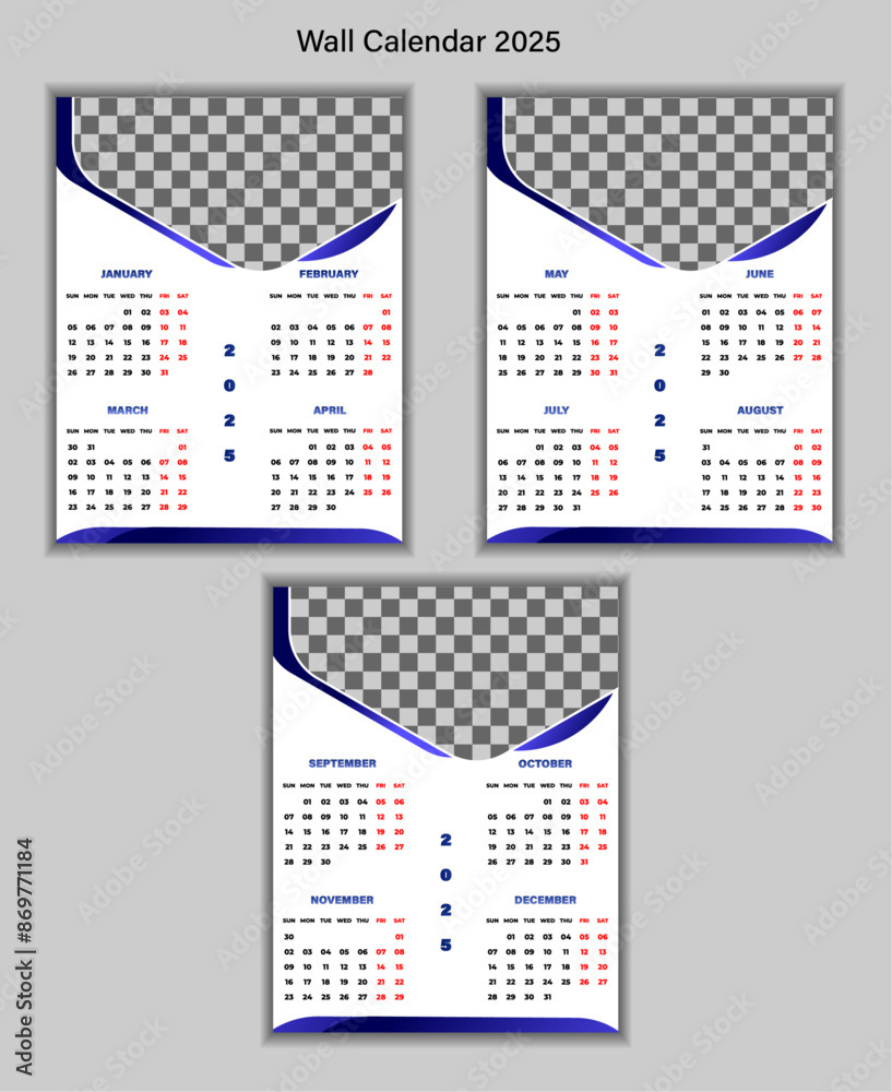 Set of 2025 Wall Calendar Planner Template with Place for Photo and ...