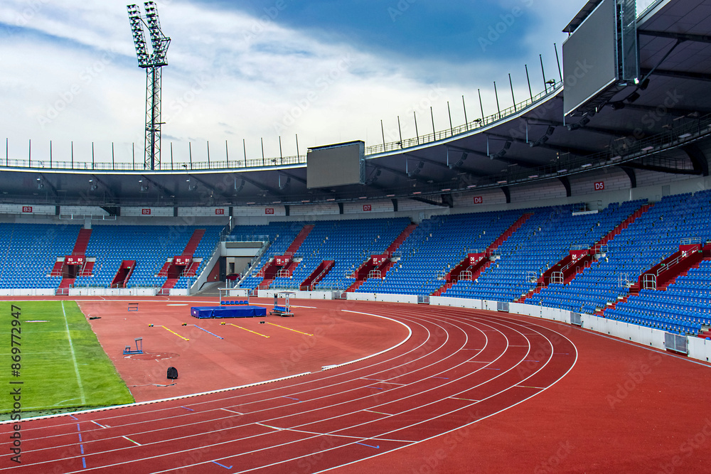 Empty athletics stadium. Part of an athletics stadium with a running ...