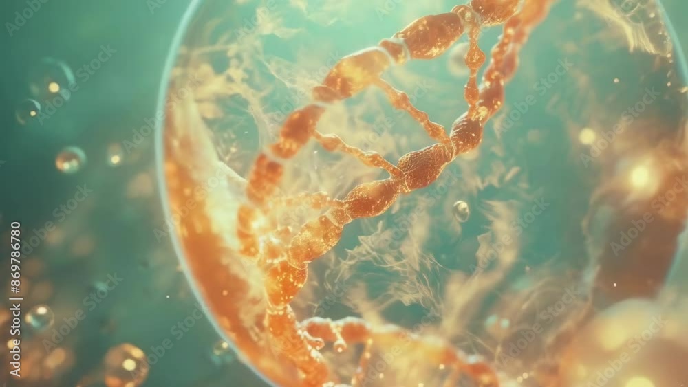 A detailed, close-up digital illustration of a DNA helix inside a cell ...