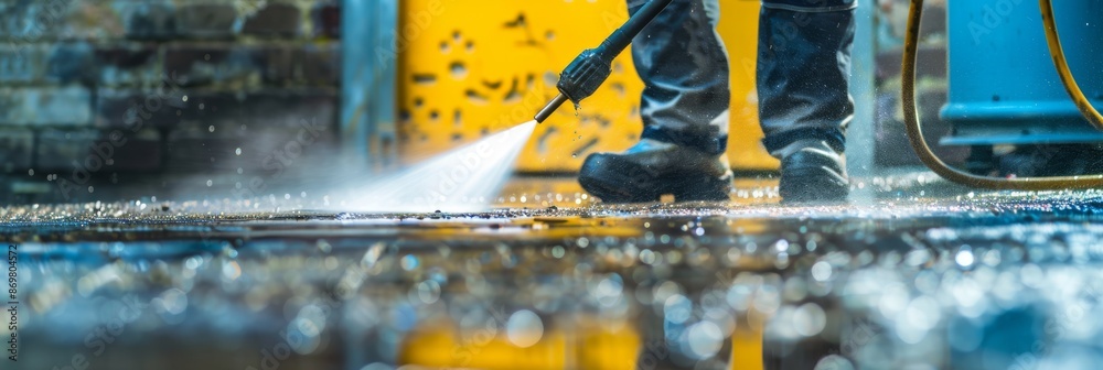 High-pressure power washing in an industrial outdoor setting, ensuring ...