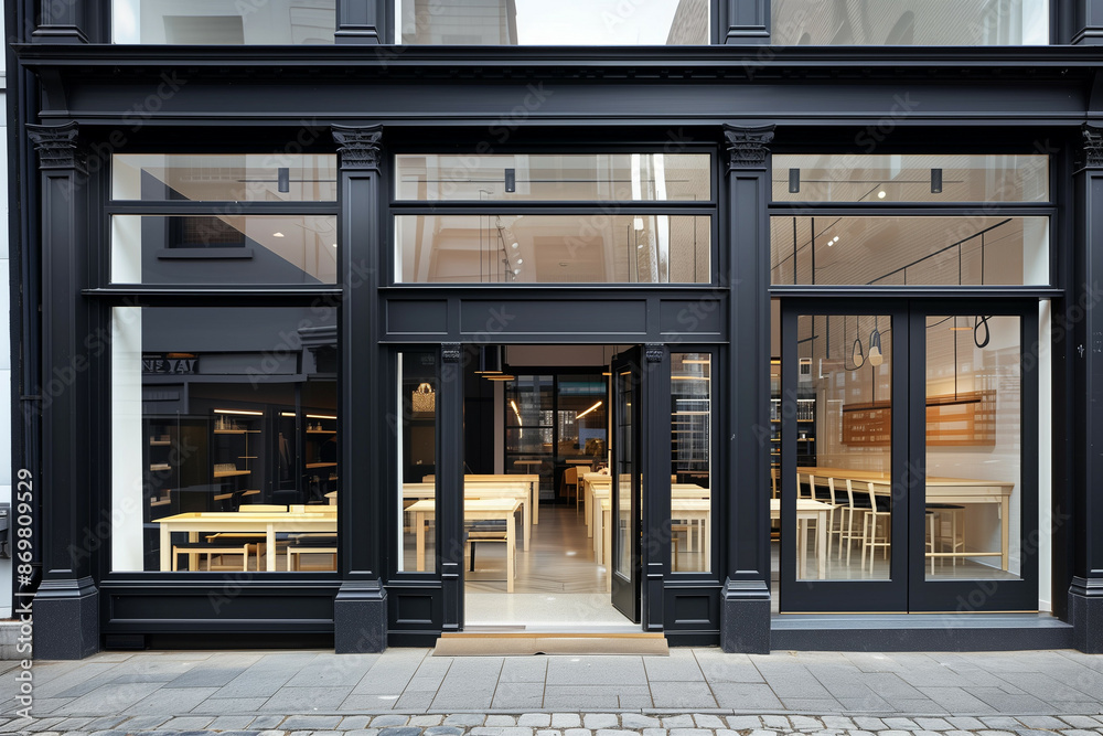 An Elegant Modern Storefront on a City Street Featuring Stylish Black ...