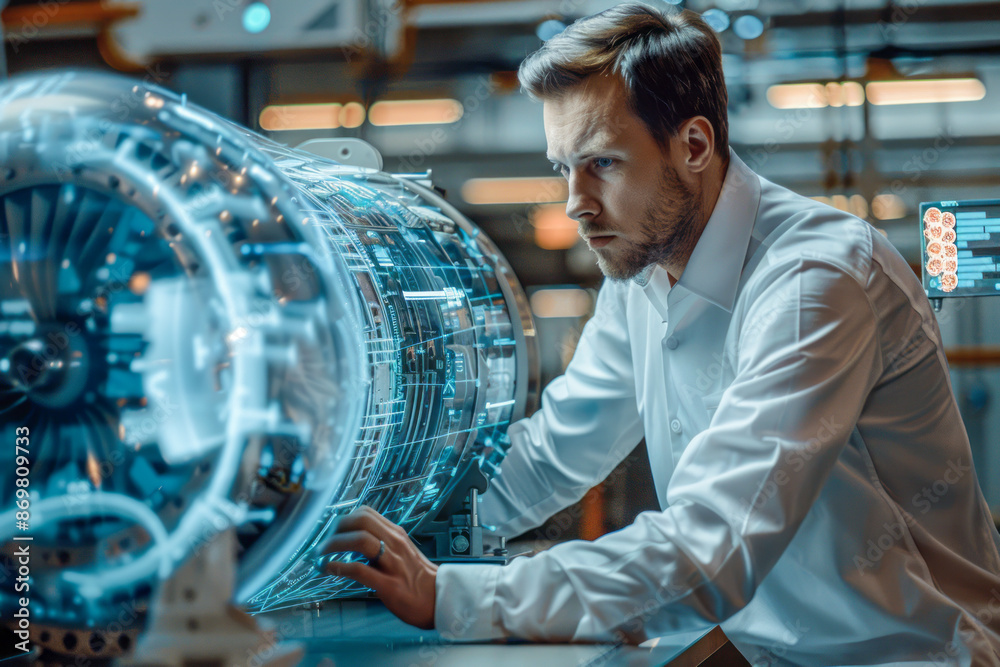 Skilled Engineer Enhancing Jet Engine with Augmented Reality in Technological Development ...