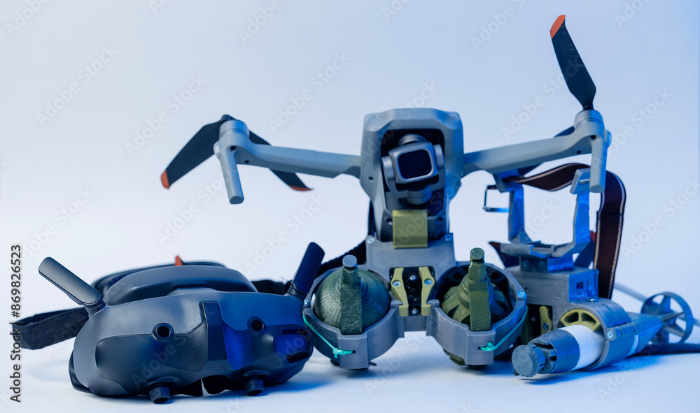 Army drone with mechanism for dropping grenades, glasses for fpv, blue ...