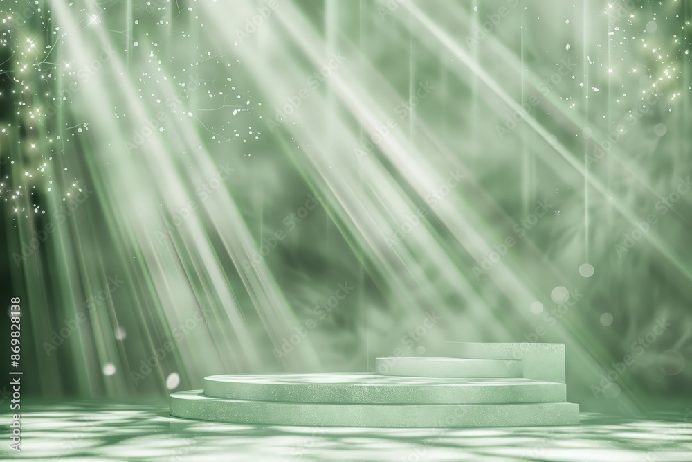 Pastel green stage scene with silver line elements and glitter light ...