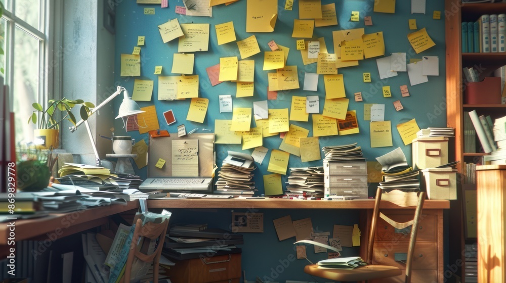Cluttered Desk with Sticky Notes and Papers - A highly cluttered desk ...