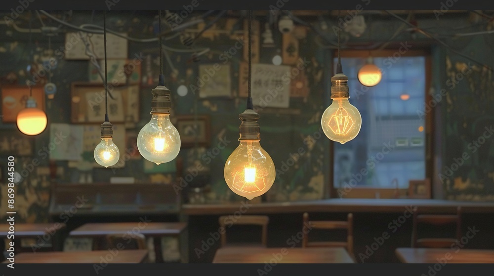 Light bulbs dangling from ceiling over wood tables & chairs with ...