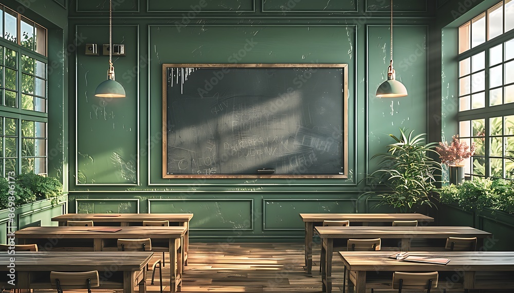 Vintage classroom scene with green walls, wooden desks, chalkboard ...
