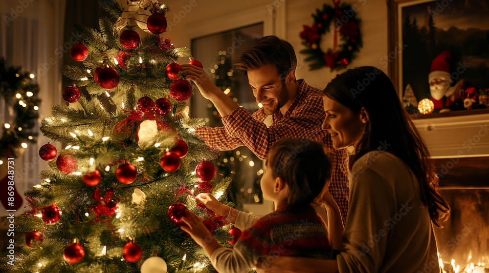 A happy family decorates the Christmas tree together on the eve of the ...