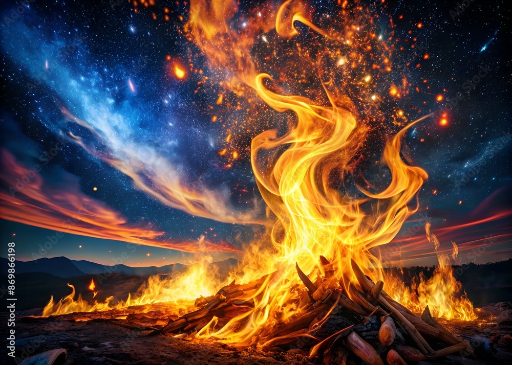 Fiery tongues of orange and yellow flames dance in darkness, sparks and ...