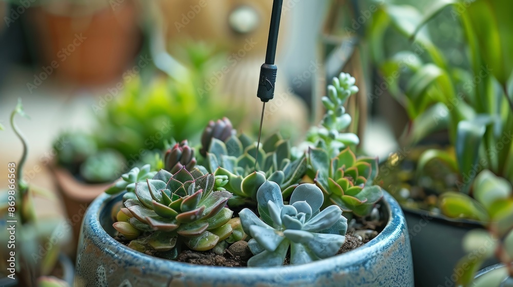 The probe of a smart plant sensor protruding from a small pot of ...