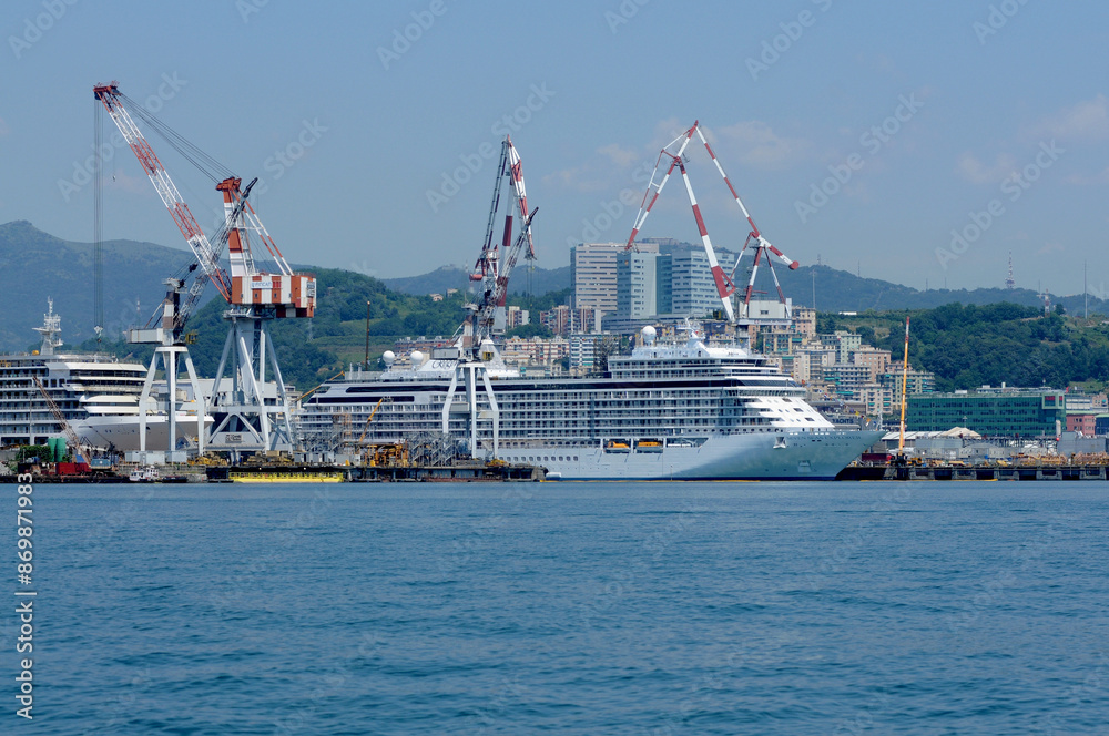 The Fincantieri shipyards in the Italian port of Genoa with passenger ...