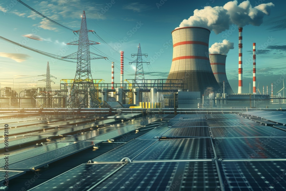 Industrial power plant with solar panels capturing sunlight ...